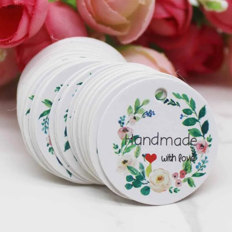 Бирки для товаров белые круглые Handmade with love, 3 см, 100 шт