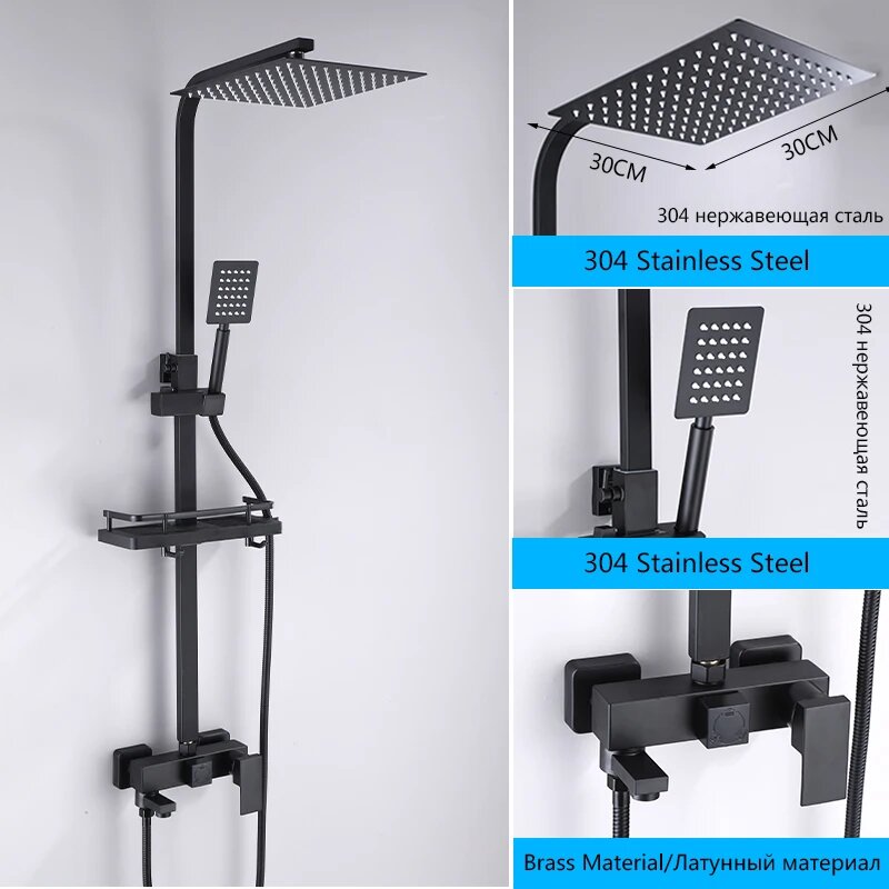 Кран для душа из латунья OXG Black/Chrome Душевой смесительный кран для ванной Душовая система Дождевой душ Комплект душа Душевой форсунок для ванной - Черный - 3-хходовой - 12 дюймов A