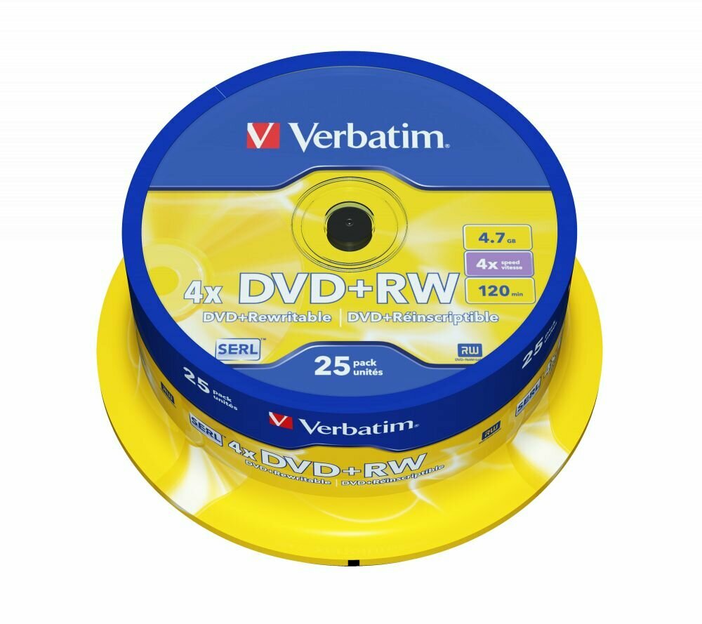Оптические диски Verbatim DVD+RW 4.7 ГБ 4X SERL серебристый матовый 25 шт. на шпинделе