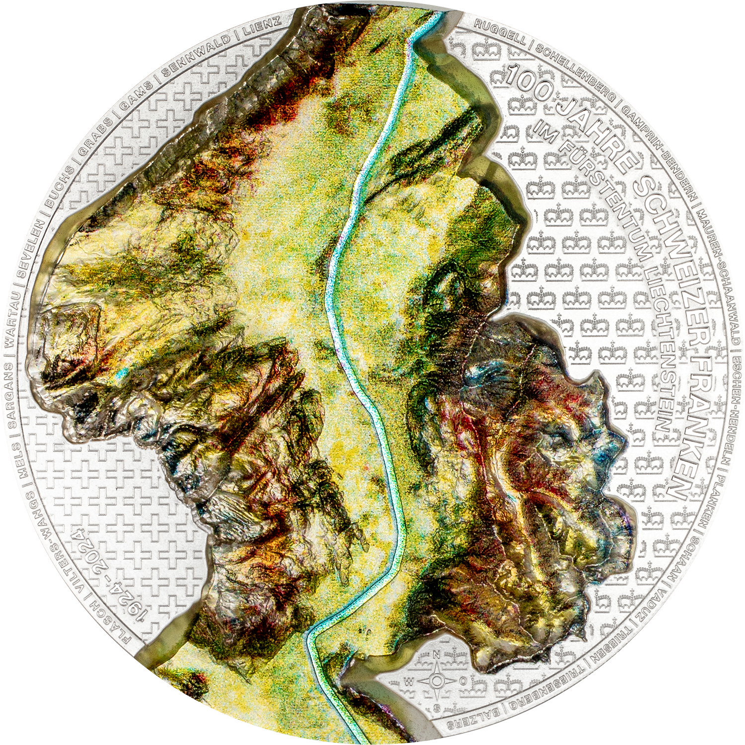 Монета "100 лет швейцарского франка", серебряная, 5 франков Лихтенштейна, 2024 г.