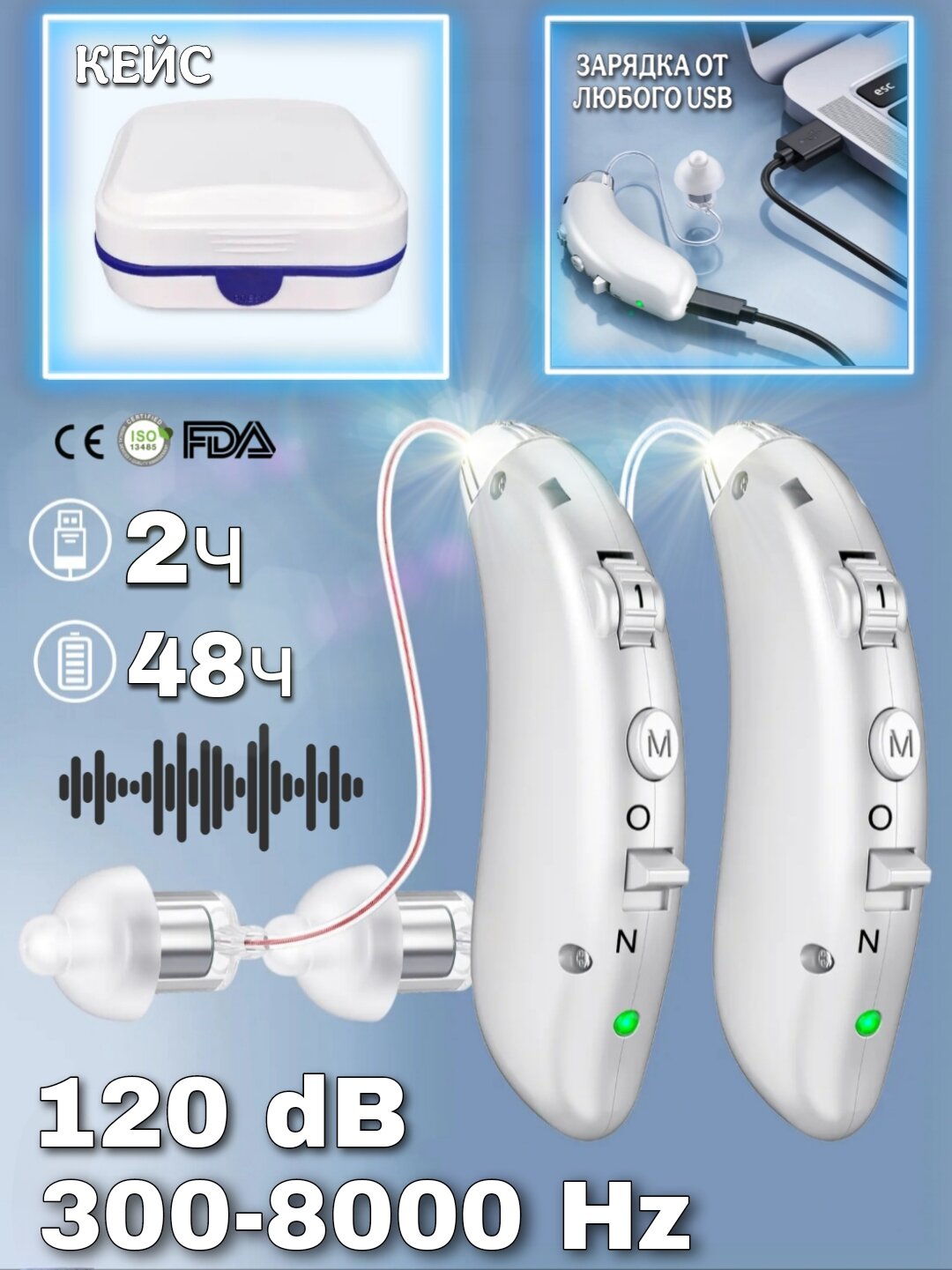 Слуховой аппарат цифровой заушный с зарядкой аккумуляторный качественный комплект из двух штук