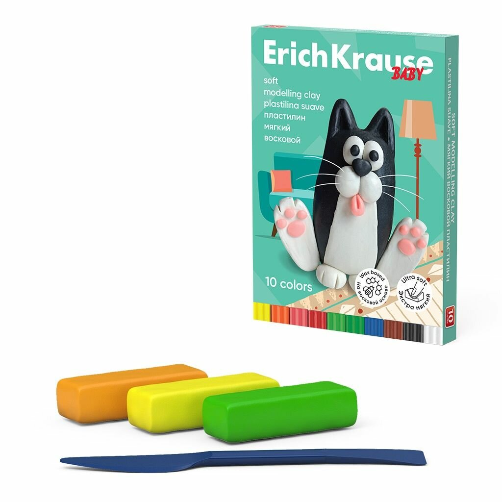 Пластилин Erich Krause восковой 10 цветов, 130 г, Baby, со стеком
