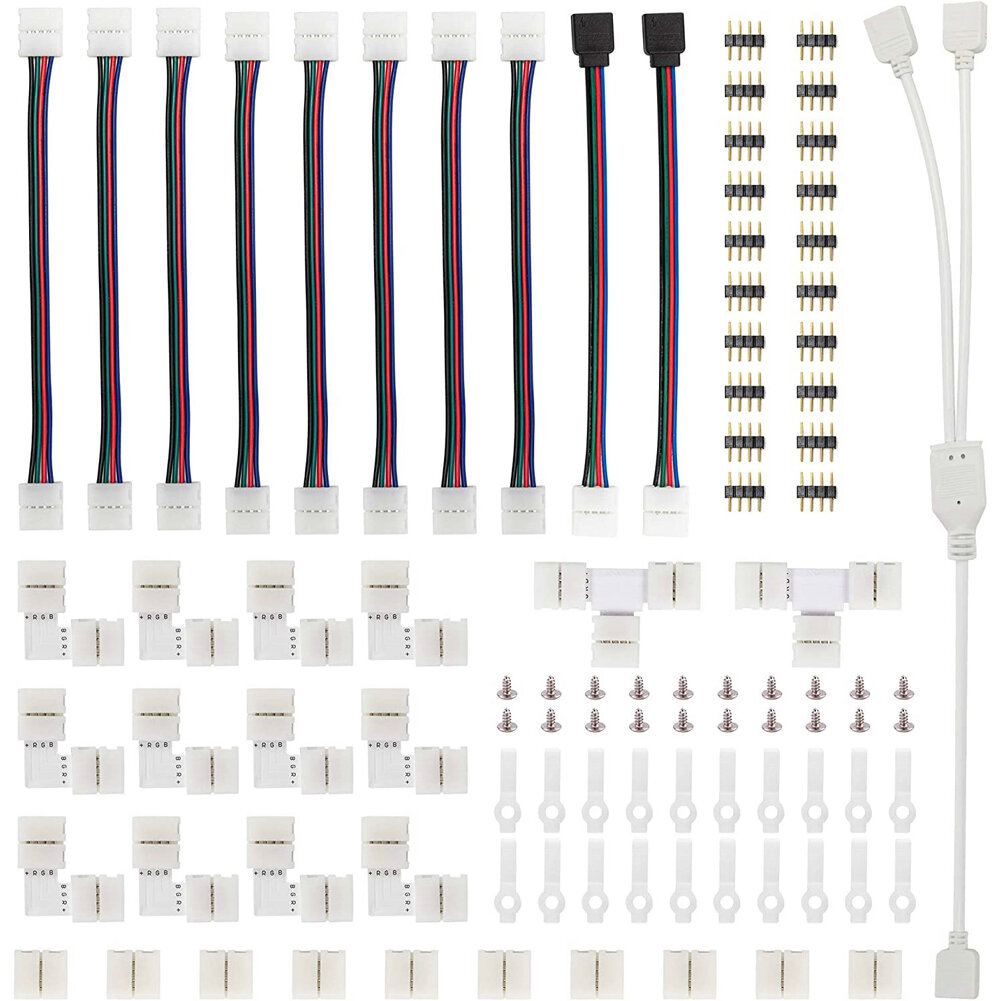 95pcs Набор Коннекторов для Лент RGB LED 5050 с T-образными и L-образными Разъемами, Проводами, Терминалами Соединения, Инструментом для Склеивания, Jumper Connectors, 2-way RGBW Splitter Cable, Клещи и Винты