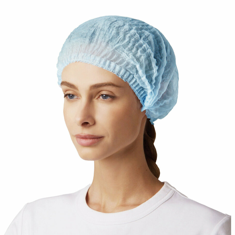 Шапочка голубая "Шарлотта" комплект 100 штук из нетканого материала SMS 10 г/м2, d=30 см, SMZ, 631234