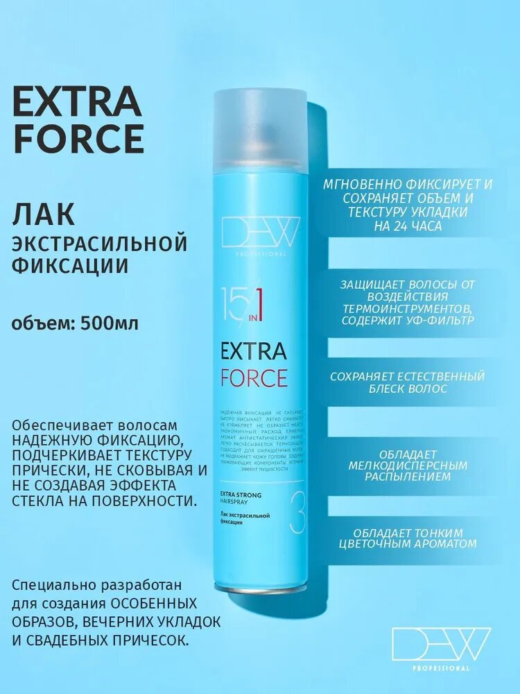 Dew Professional Лак для волос 15 в 1 экстрасильной фиксации Extra Force (Голубой) 500мл