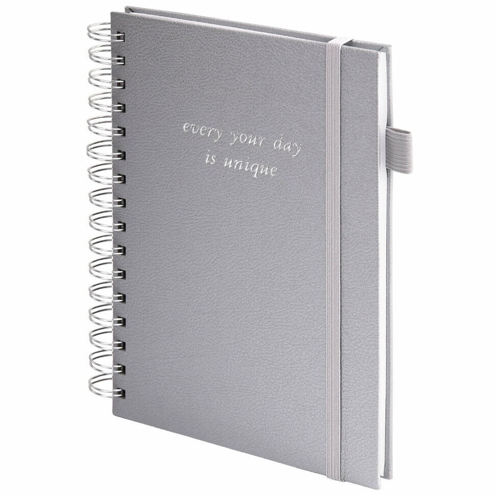 Бизнес-тетрадь на гребне А5 148х216 мм, BRAUBERG "Calipso" под кожу, резинка, клетка, 80 л, серая, 116253, 116253