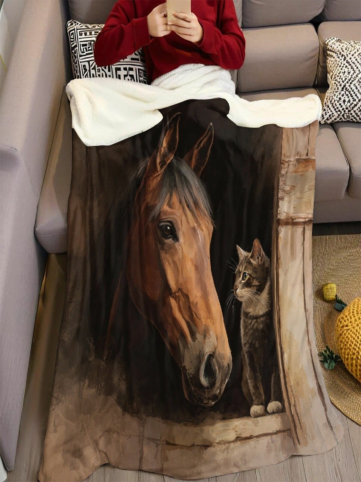 Плед фланелевый 220 x 200 cm с 3D-принтом Животные лошади и кошки пушистое покрывало для дивана, кровати и спальни