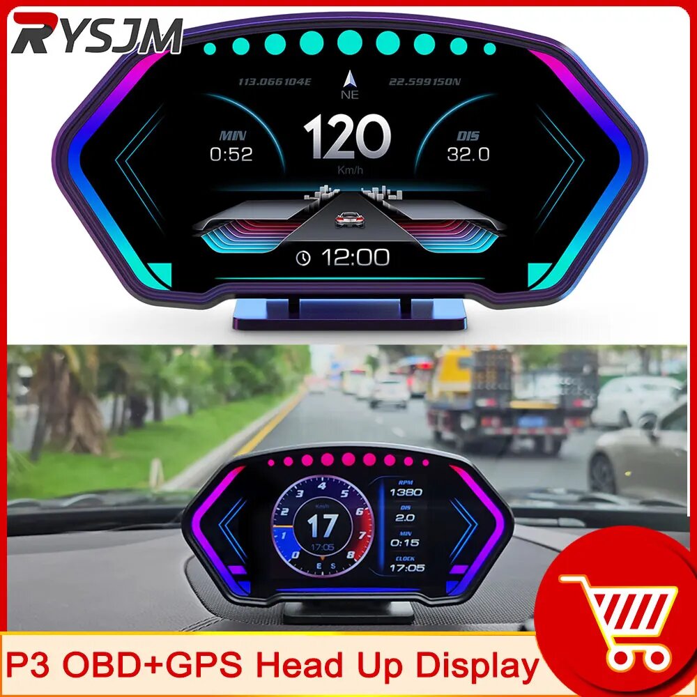 OBD2 + GPS Проекционный дисплей P3 SmartGauge Бортовой компьютер Цифровой спидометр Измеритель наклона Тахометр Измеритель температуры воды и масла
