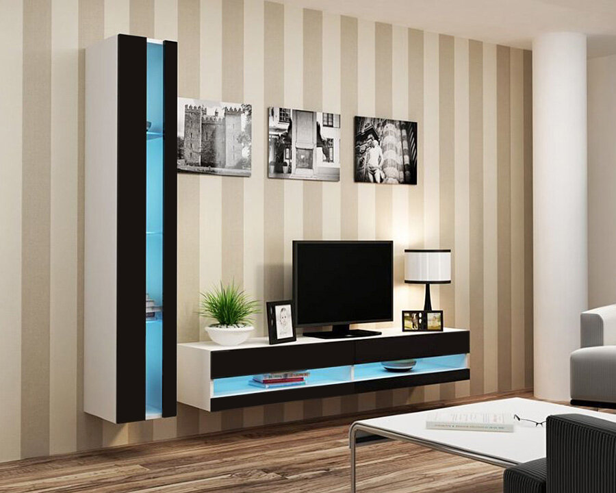 Гостиная Виго нью 9 Черный 0190 / Белый Фасадный 0101 NEW 220x42x180 см, черный, белый фасадный GOODFORM