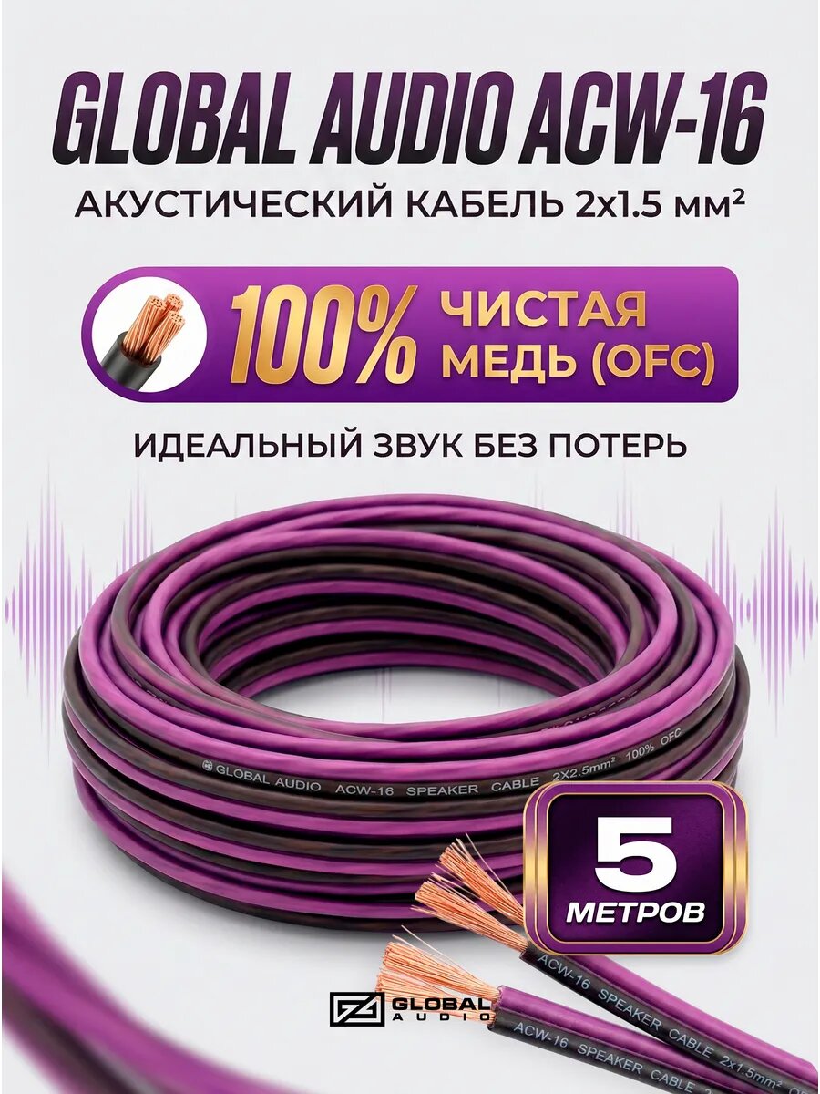 Кабель акустический двужильный 2х1,5 медный 5 метров