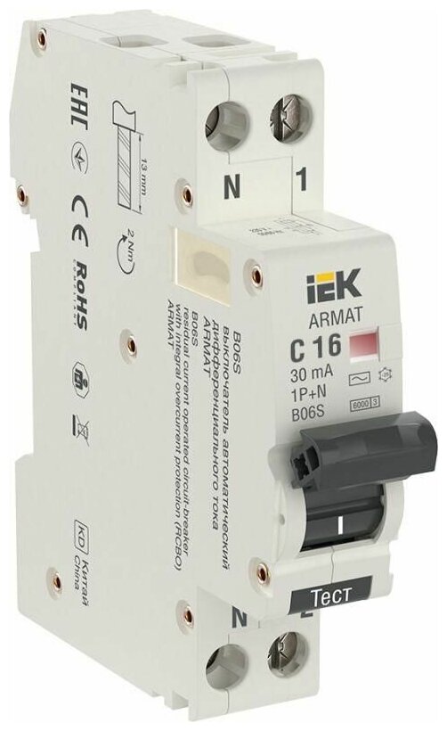 Выключатель автоматический дифференциального тока 2п (1P+N) C 16А 30мА тип AC АВДТ B06S 18мм ARMAT IEK AR-B06S-1N-C16C030