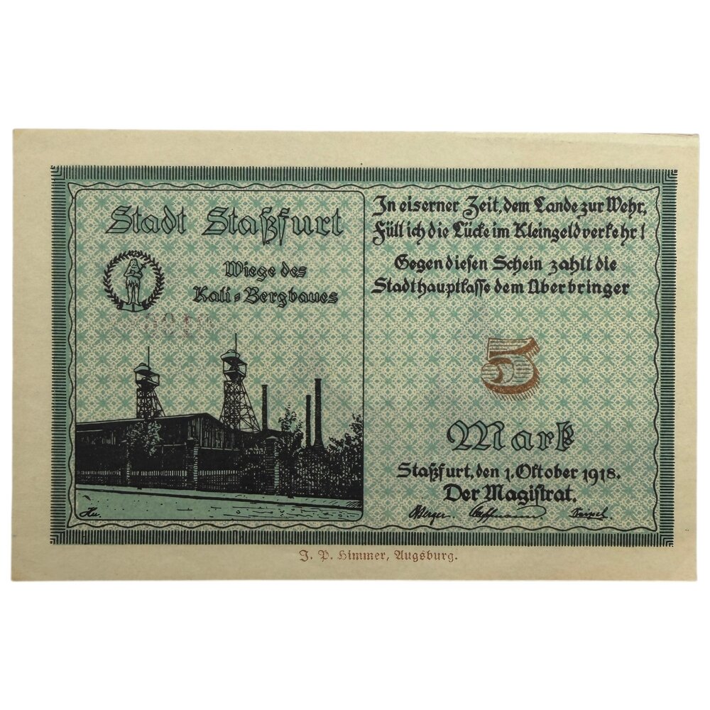 Германия (Германская империя) Штасфурт 5 марок 1918 г. (ВЗ - Kreuze)