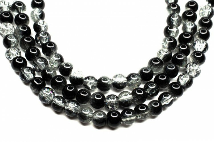 Бусина круглая с эффектом кракле, диаметр 6мм, отверстие 1мм, цвет прозрачный/черный, 550-045, 1 нить (около 37см, около 68 бусин)
