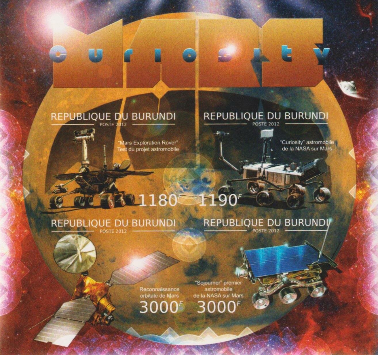 Почтовые марки Бурунди 2012г. "Исследование космоса - Mars Curiosity" Космические корабли, Космос MNH