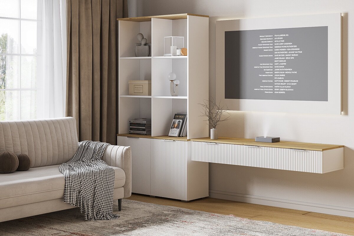 Гостиная МебельЛэнд24 Салерно - 1 Белый 247x42x190 с тумбой со стеллажом