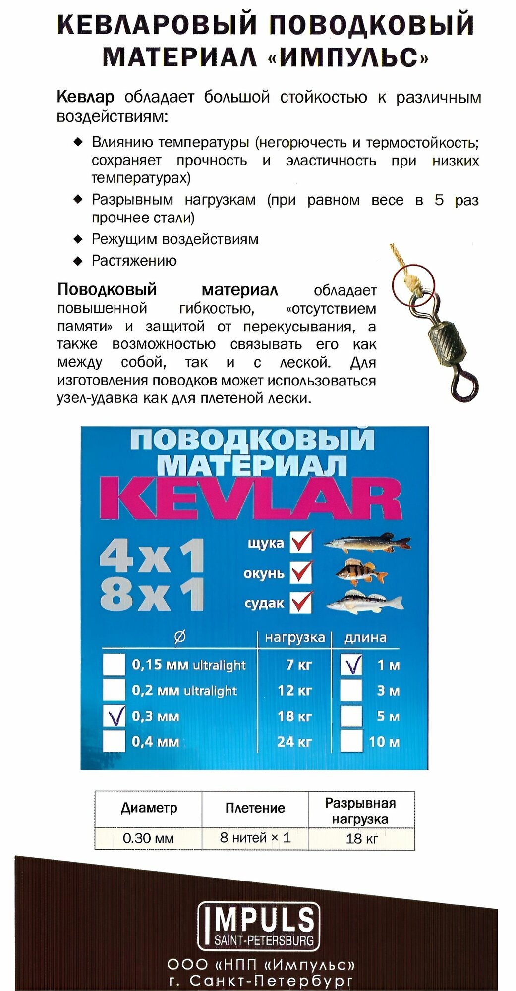 Кевларовый поводковый материал IMPULS 0,3 мм длина 1 м