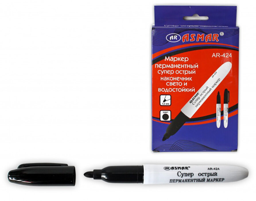 Набор перманентных маркеров Asmar острый наконечник, светостойкий водостойкий, черный цвет, 12 шт.