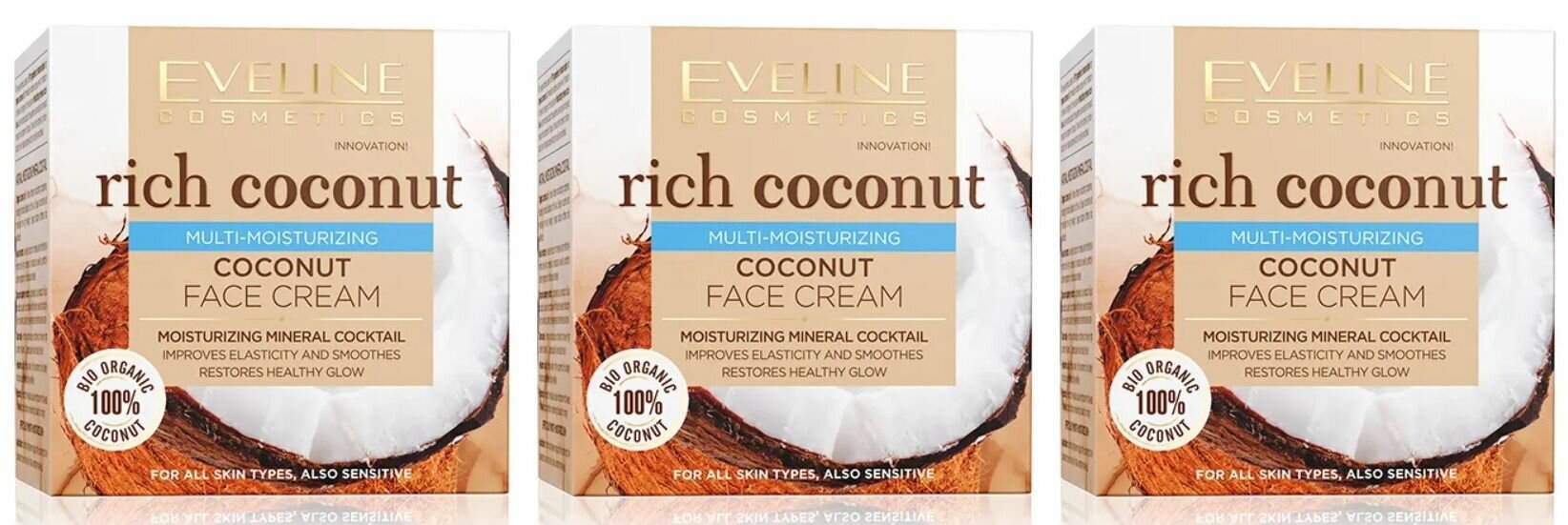 Eveline Cosmetics Интенсивно увлажняющий кокосовый крем для лица Rich Coconut, для всех типов кожи, в том числе чувствительной, 50 мл, 3 шт