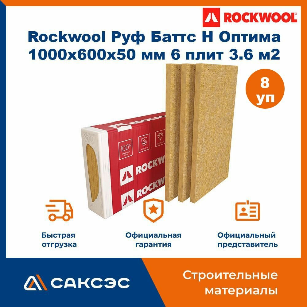 Утеплитель для плоской кровли из минеральной ваты Rockwool Руф Баттс Н Оптима 1000х600х50 мм, 6 плит, 3.6 м2