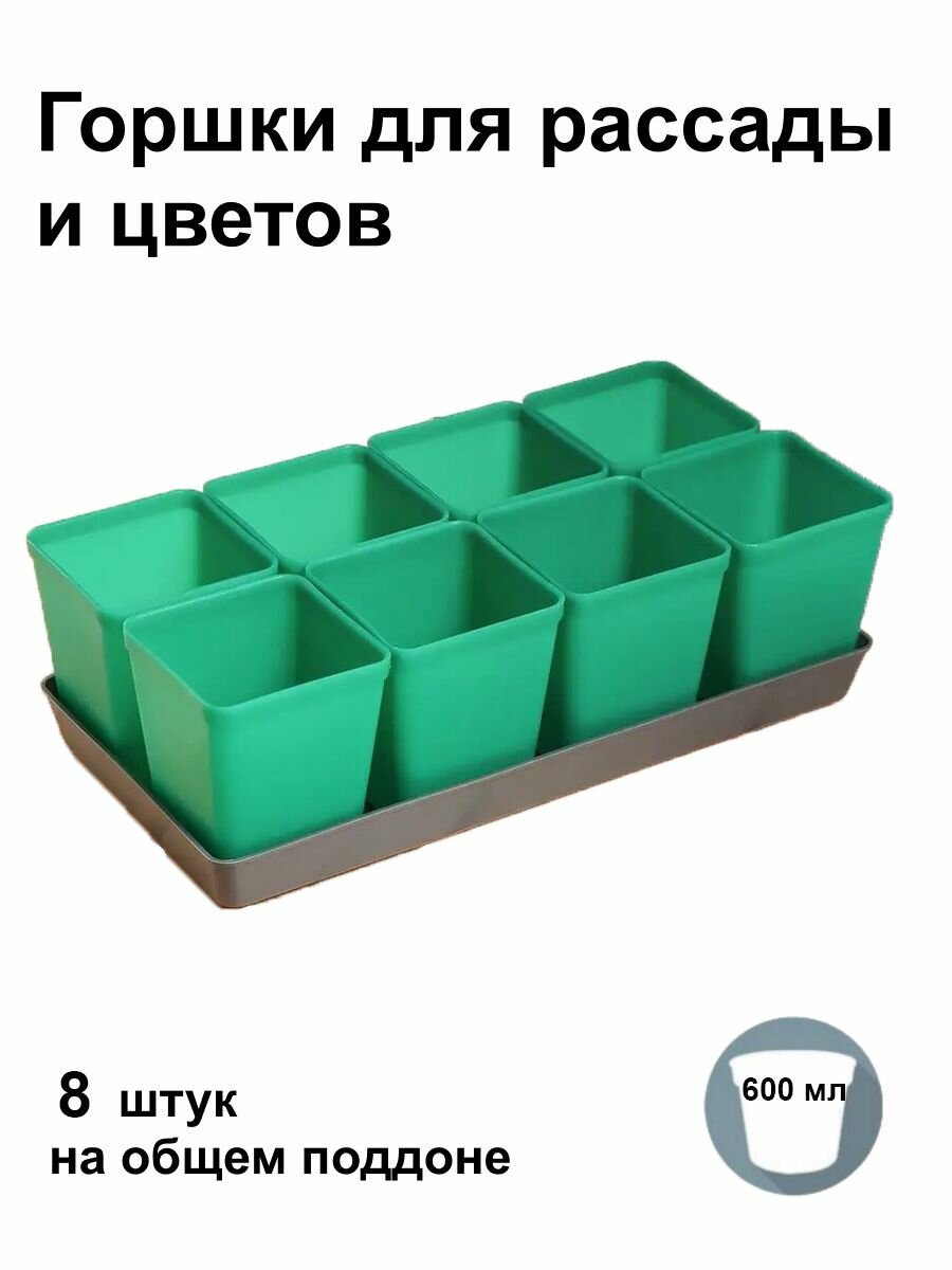 Набор горшков для рассады и для домашних растений, 8 шт на поддоне, по 600 мл Зеленый