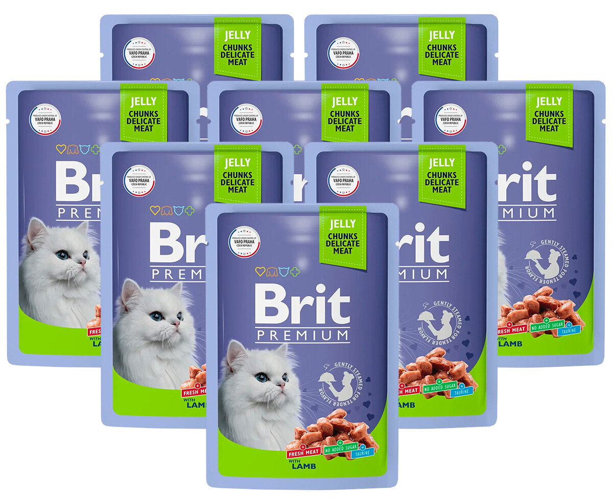 Корм влажный Brit Premium для взрослых кошек c ягненком пауч кусочки в желе, 85 г х 8 шт