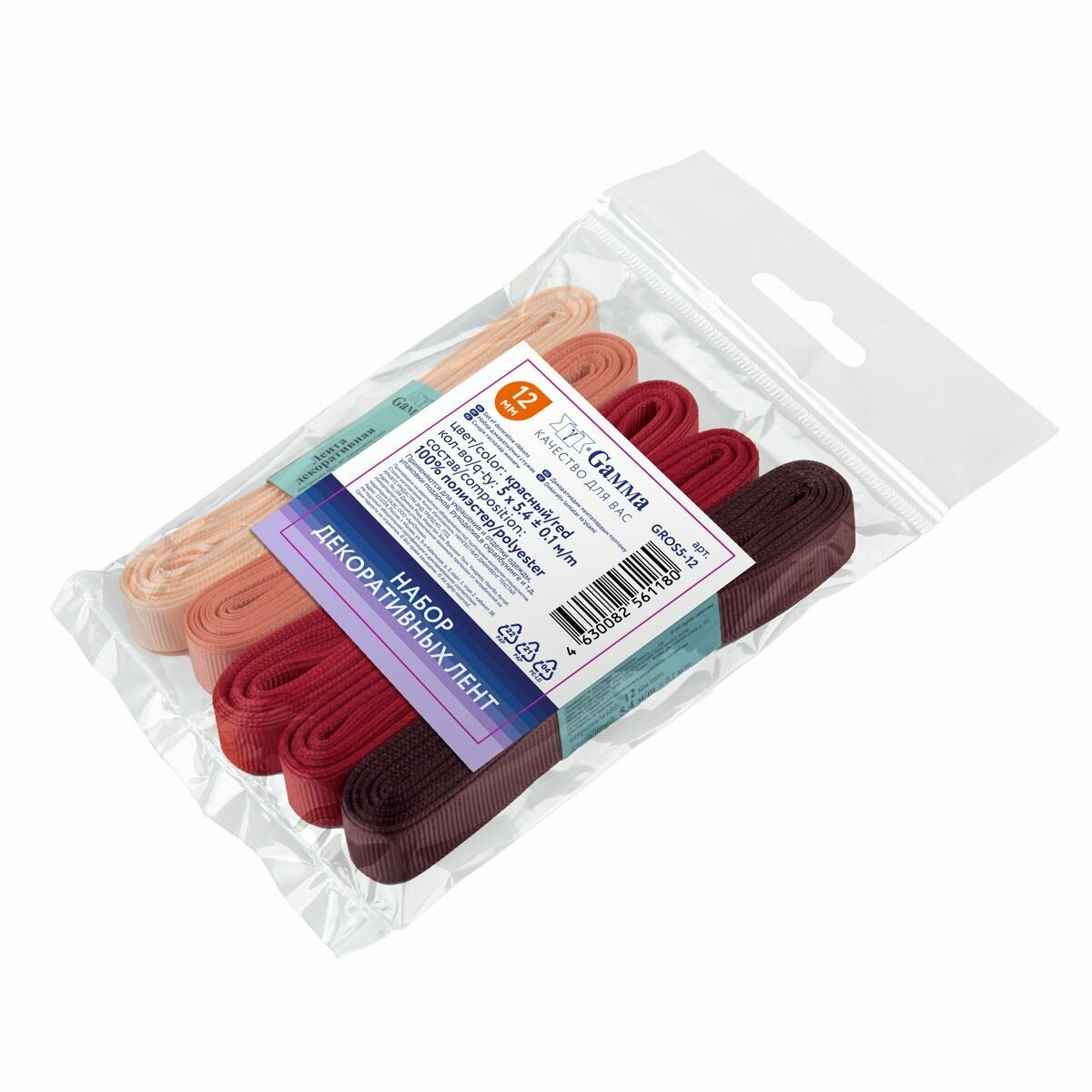 Набор репсовая лента 12 мм 5 шт 5.4 м "Gamma" GROS5-12 красный
