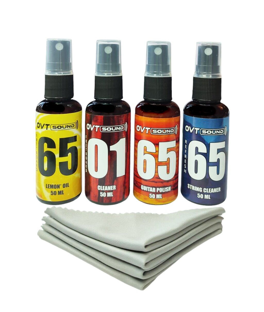 Oil_cl_pol_sc_4n_50 Комплект для ухода за гитарой: лимонное масло, 2 очистителя, полироль, OVTSound