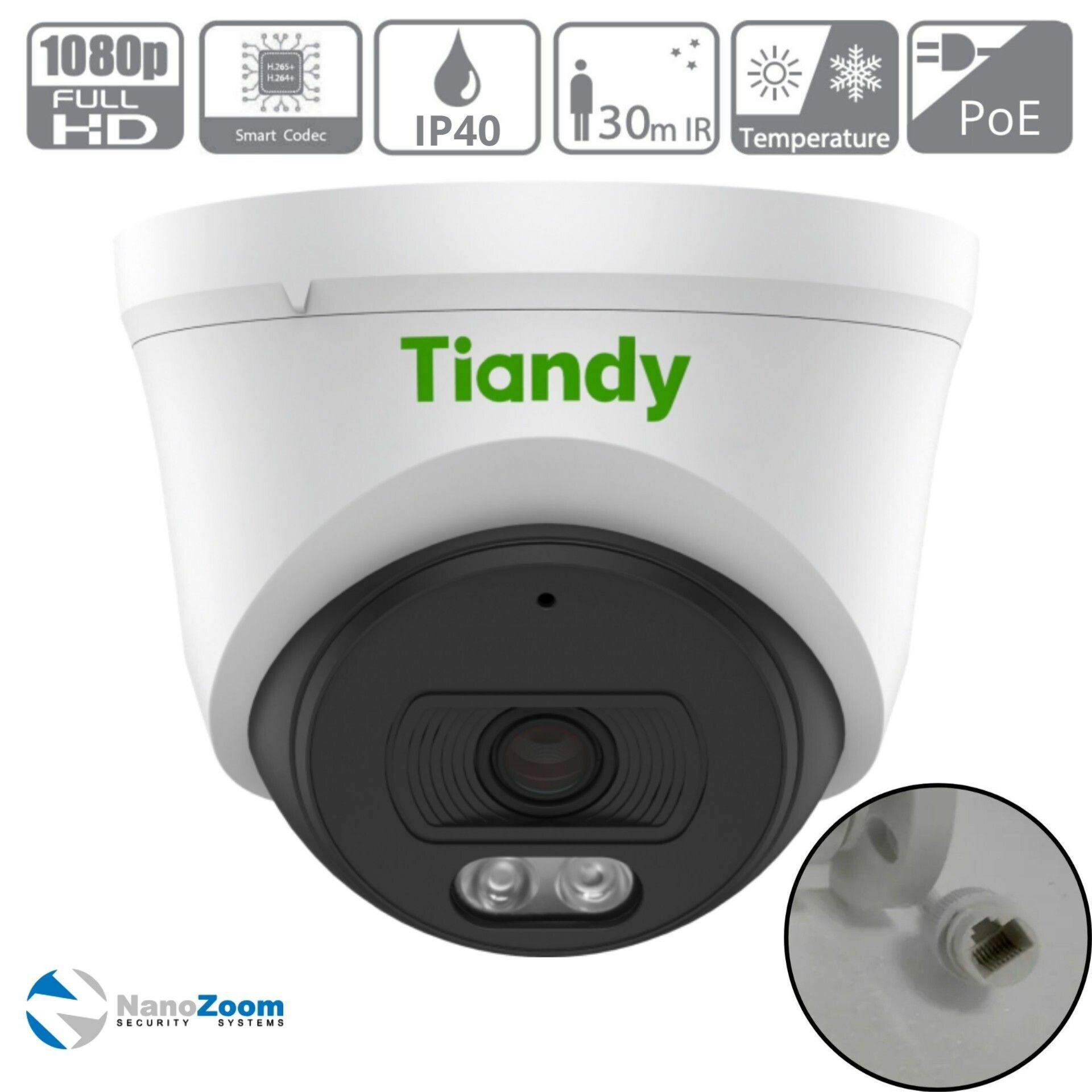 Tiandy TC-C320N Spec: I3/E/Y/2.8mm 2Мп 2,8 мм - камера видеонаблюдения IP, цифровая купольная IP-видеокамера с ИК-подсветкой, 1920x1080 Full HD, CMOS 1/3"