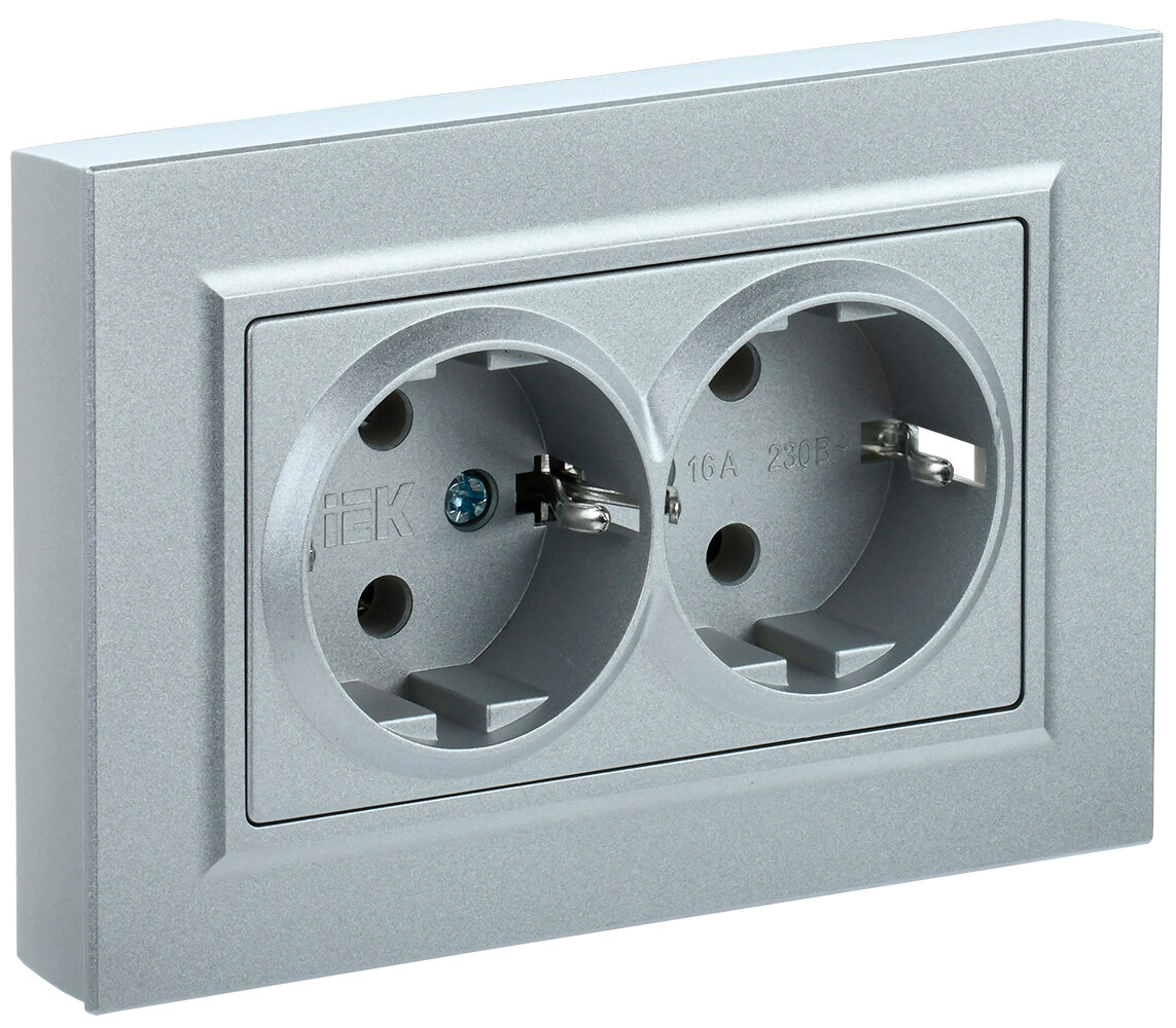 Розетка силовая штепсельная IEK / ИЭК Brite РС12-3-БрС, 16А сталь с заземлением без защитных шторок в сборе двухместная, BR-R21-16-K46-F / электрооборудование
