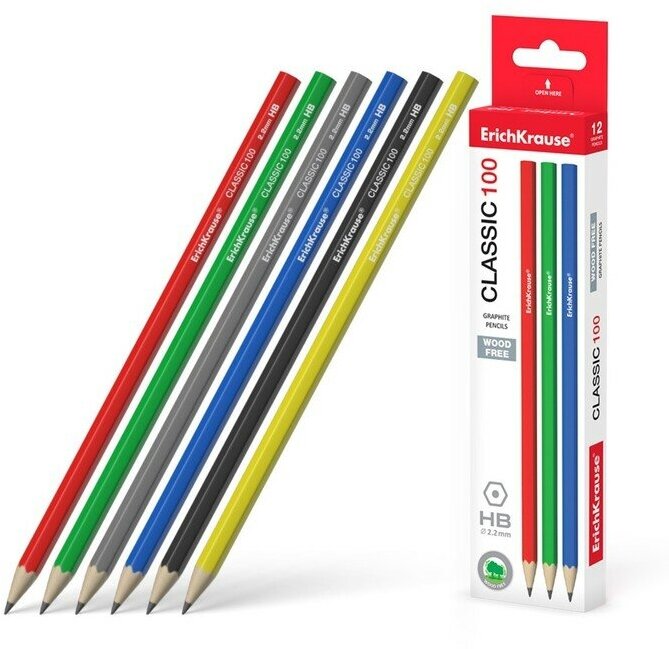 Карандаш 5 штук чернографитный ErichKrause Classic 100, HB, грифель 2.2 мм, шестигранный, корпус из биоразлагаемого пластика