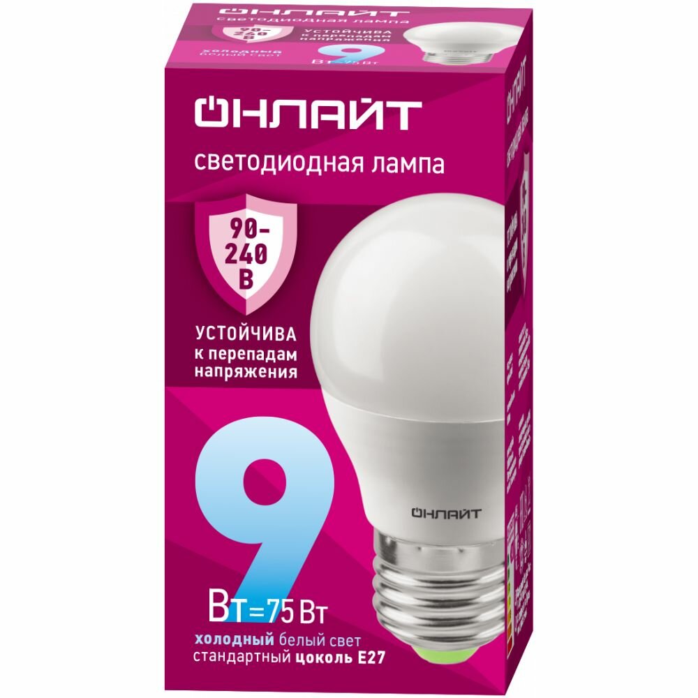 1шт/уп. Лампа LED Шарик 9Вт 230B P45 E27 800Лм 6500К Свет Холодный белый арт. 90424 OLL-G45-9-230-6.5K- E27-FR PRO 90-240В онлайт, уп. 1шт
