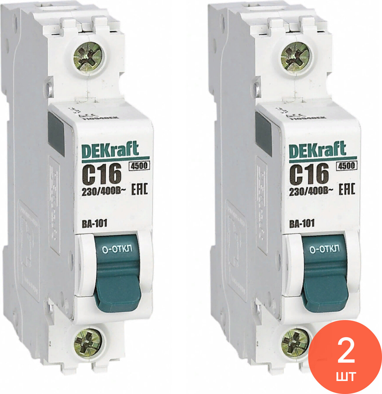 Автоматический выключатель DEKraft / ДеКрафт ВА-101, 1Р 16А характеристика С 4.5кА, 11054DEK / электроавтомат (комплект из 2 шт)