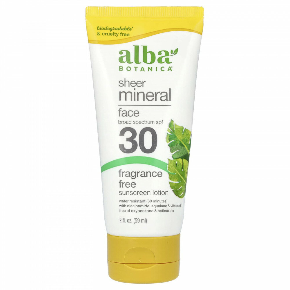 Alba Botanica, прозрачный минеральный солнцезащитный лосьон для лица, SPF 30, без отдушек, 59 мл (2 жидк. унции)