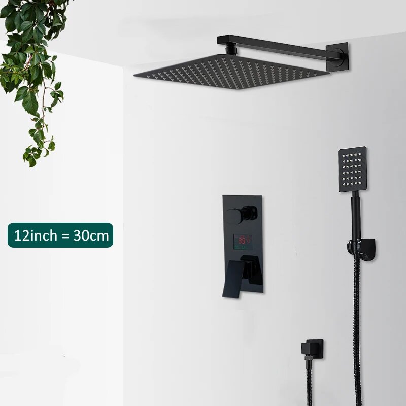 Матовый черный душевой смеситель с светодиодным цифровым дисплеем Комплект дождевого водопада Черная ванна Душовая система LCD цифровой душевой смеситель кран-2хходовой 12 дюймов