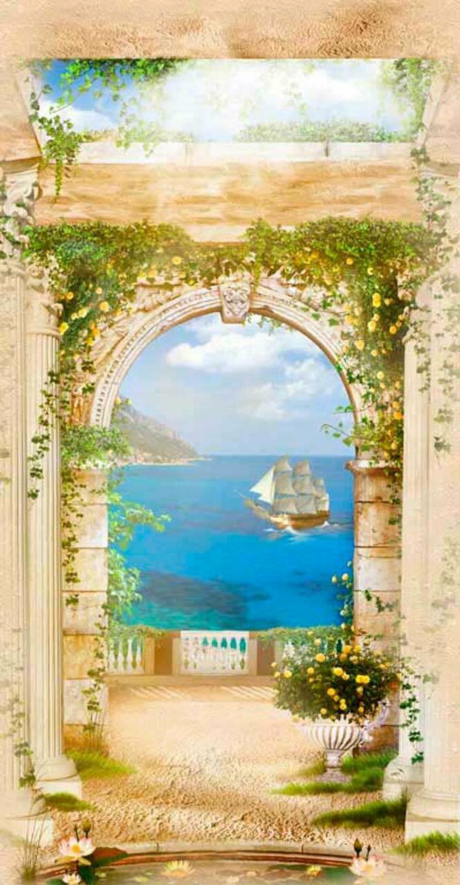 Фотообои Арка с выходом на морскую гавань 11-062-S-Флок 270 x 200 см (ВхШ) Бесшовные, флизелиновые, влагостойкие обои MasterFresok