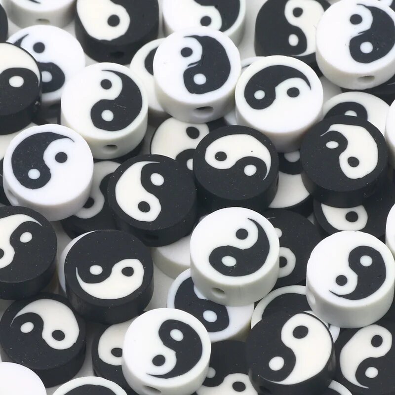 Бусины из полимерной глины Laudsong черные/белые круглые плоские Инь-Янь Черный, 20pcs, 12
