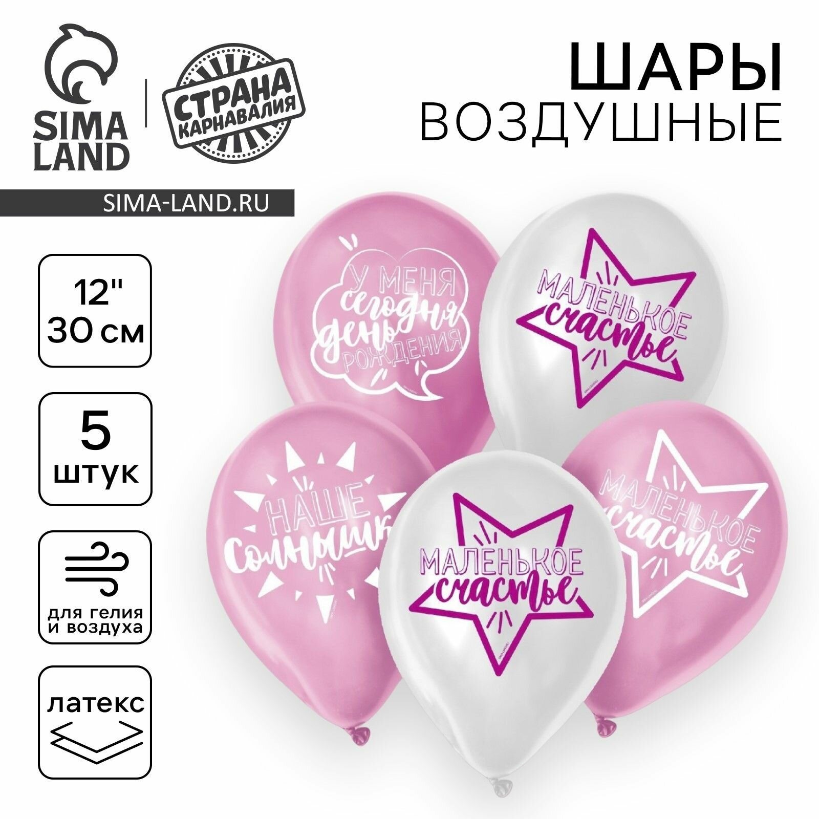 Воздушные шары для оформления "День рождения девочки. Для селфи", в наборе 5 шт, размер 30 см