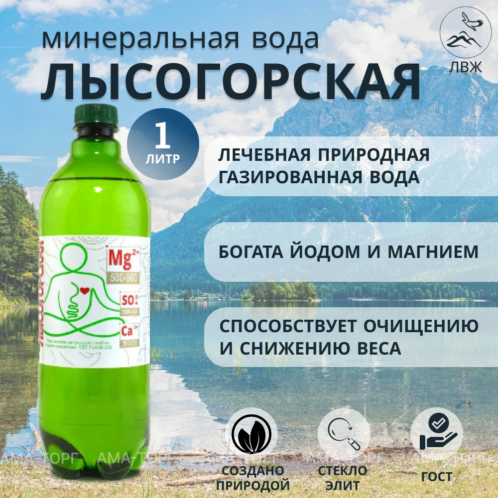 Минеральная вода Лысогорская газированная лечебная с магнием, для похудения 1л