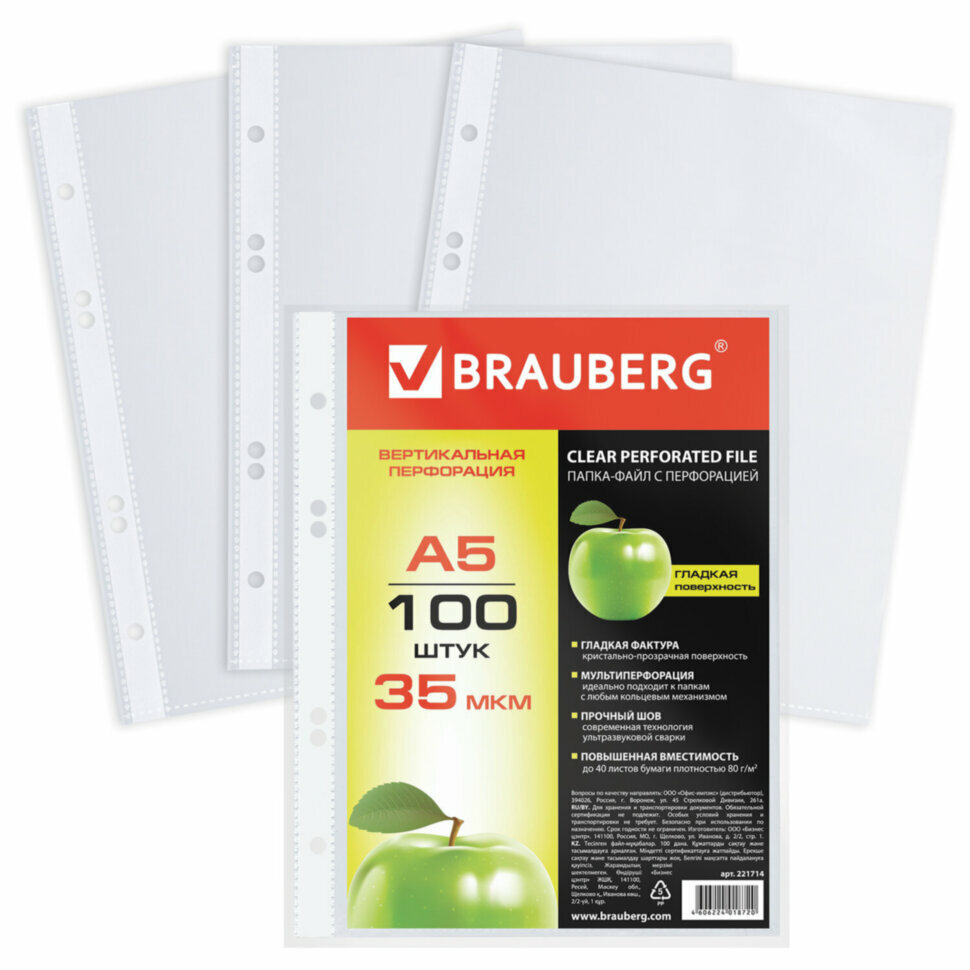Папки-файлы малого формата (148х210 мм), А5, вертикальные, комплект 100 шт, 35 мкм, BRAUBERG, 221714, 221714