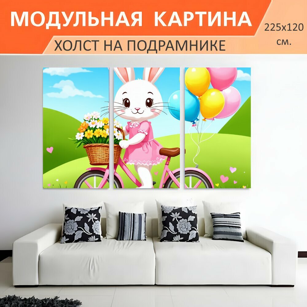 Модульная картина на холсте "Картинка с милым кроликом в розовом платье, едущим на велосипеде с корзинкой, полной цветов. У кролика в." триптих на подрамнике 225х120 см. для интерьера