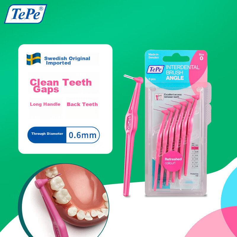 Tepe Swedish Imported Interdental Brush, Orthodontic Floss Pick, Long Handle L-Shaped (0.4mm), Pink, for Cleaning Between Teeth And Gaps