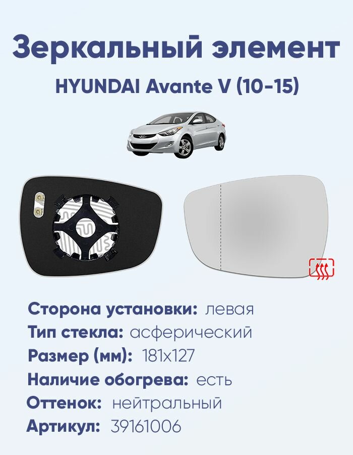 Зеркальный элемент левый HYUNDAI Avante V (10-15) асферика нейтральный с обогревом