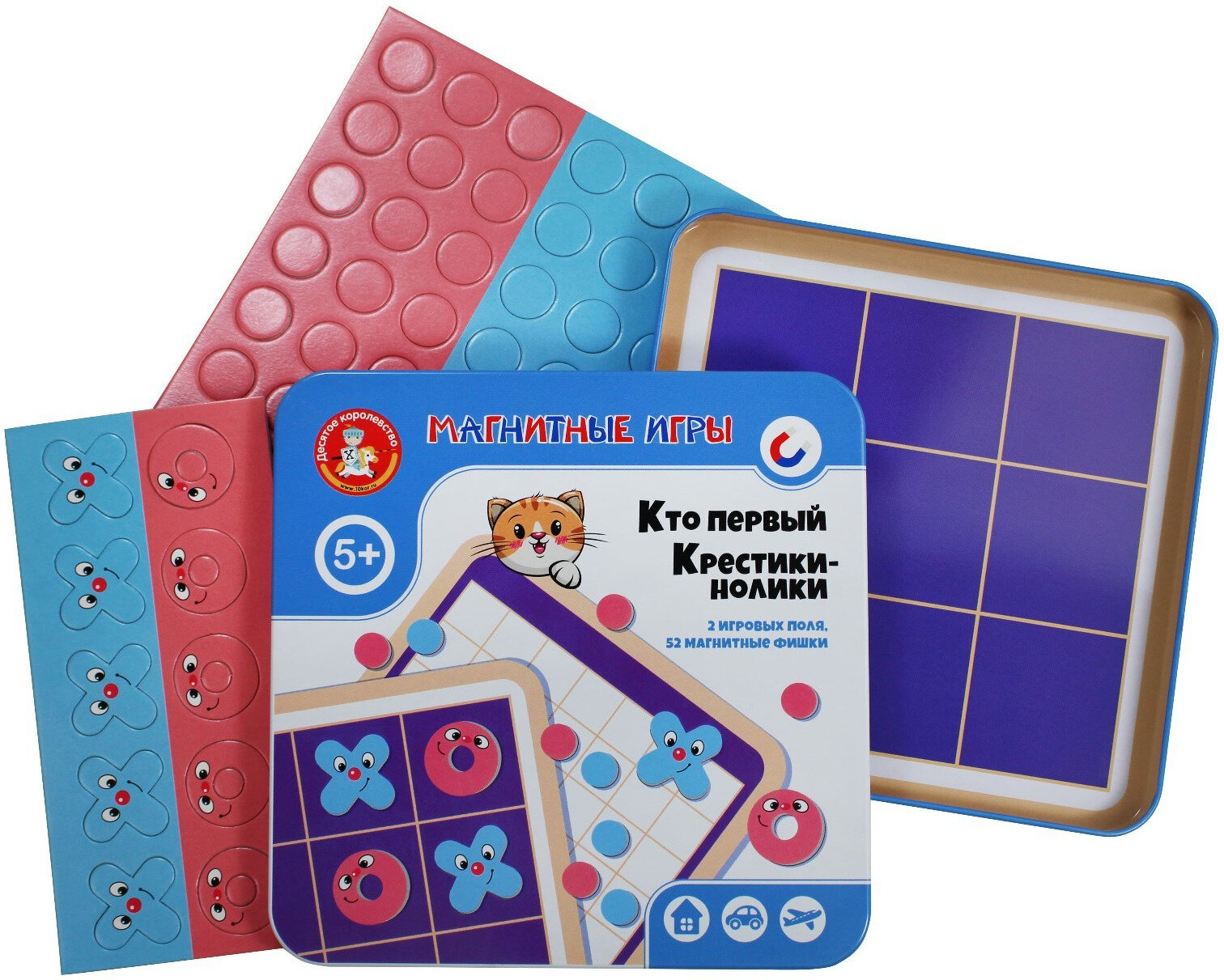 Настольная магнитная игра "Кто первый. Крестики нолики" в жестяной коробочке, в наборе 2 игровых поля + 52 фишки