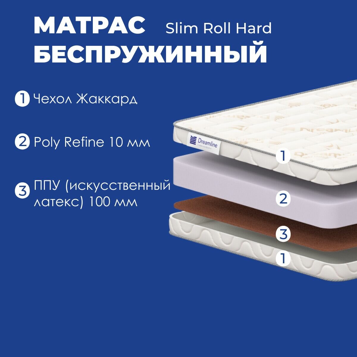 Матрас Dreamline Slim Roll Hard 95х205 высота 11 см анатомический средней жесткости Беспружинный — фото 1