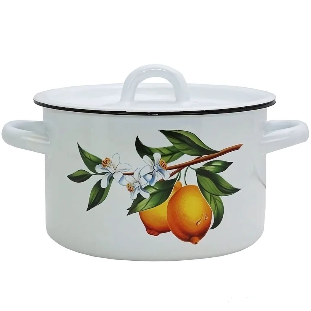 Кастрюля эмалированная с крышкой, 2 л, белая с декором «Лимоны», для плит и духовки, сталь