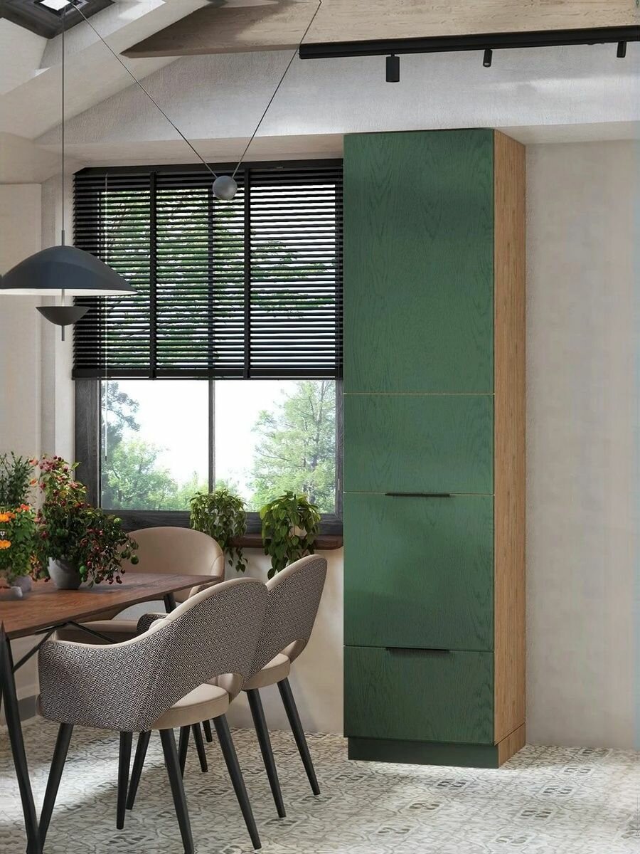 Кухонный пенал для техники 60 см, эмалевый фасад, зеленый.