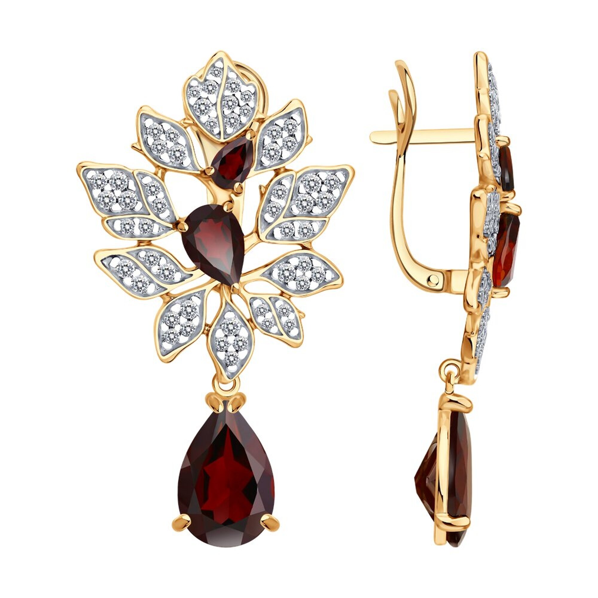 Серьги, серебро, 925 проба, золочение, гранат, фианит