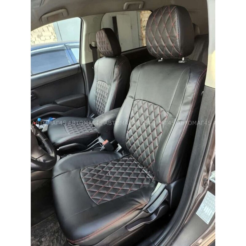 Авточехлы Mitsubishi Outlander Мицубиси Аутлендер XL 2006-2012г экокожа черная красная нить ромб