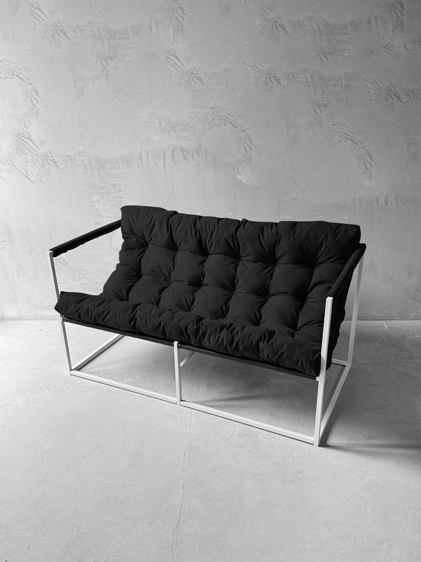 Диван лофт прямой, уличный, в офис, на балкон, на веранду, в гостинную, кухонный, Лофтовик ++ велюр черный , белый каркас, подлокотник мягкий велюр