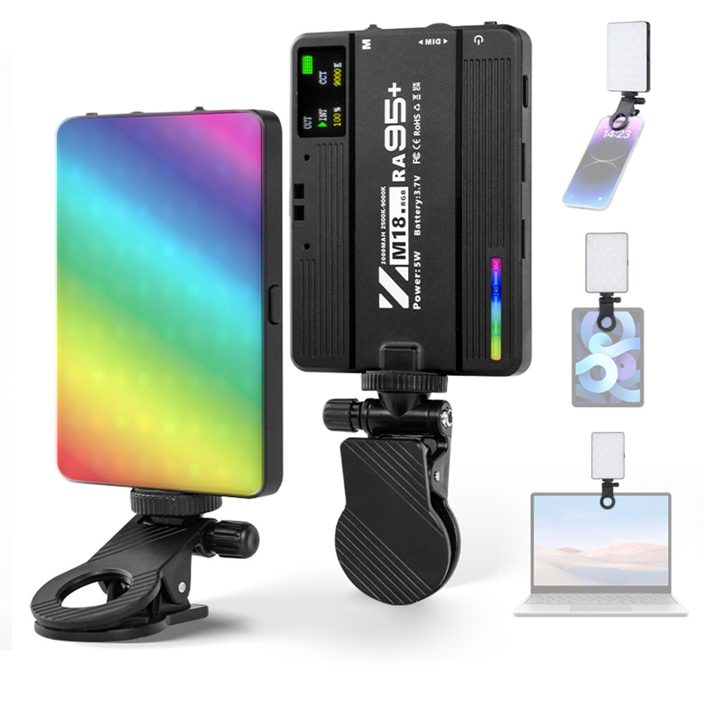 Pocket RGB Video Light Photography LED Fill Light 2500K-9000K Dimmable 22 Scene Effects Video Conference Light для Computer Tablet Phone DSLR Camera с Built-in Battery и Phone Holder